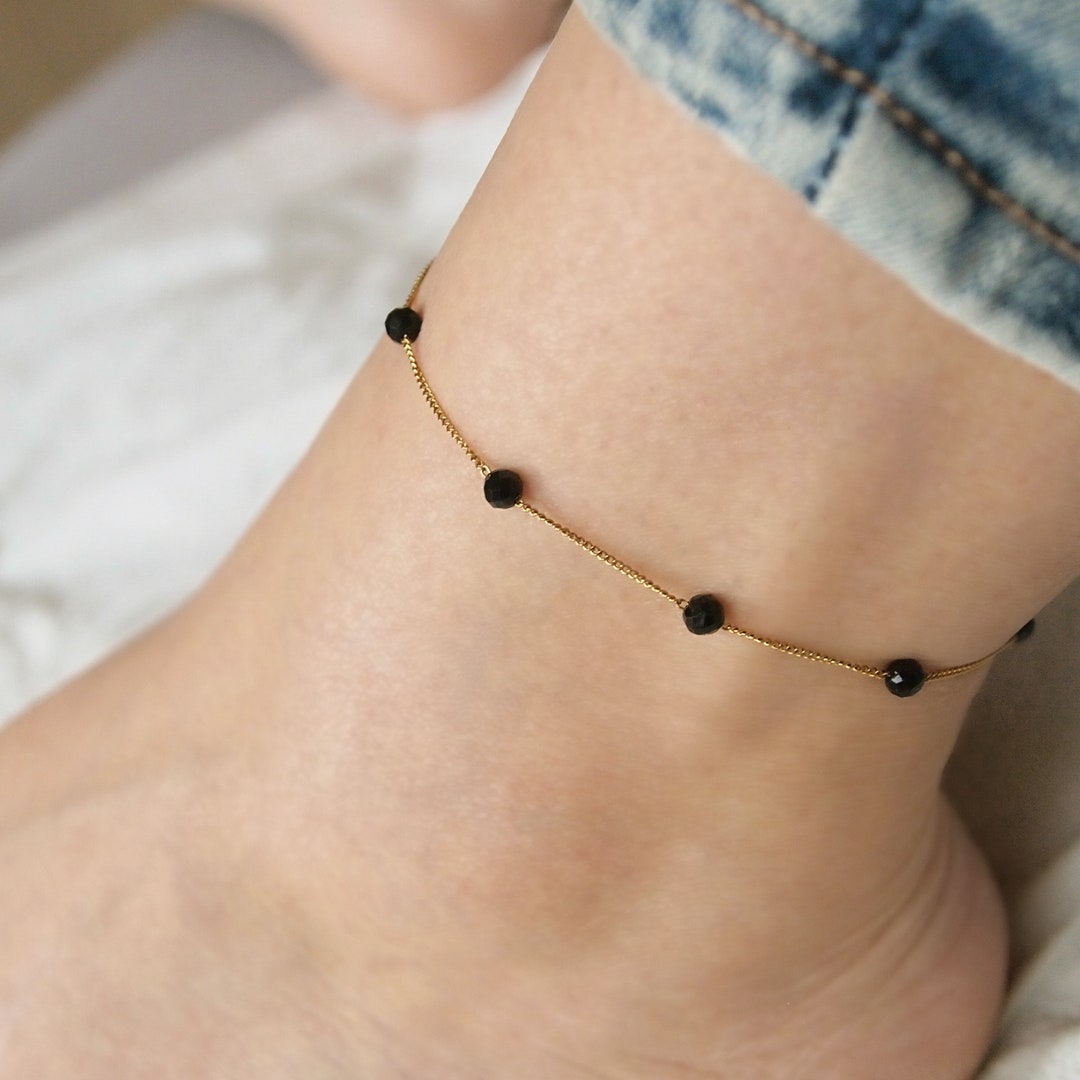Beaded Black Tourmaline Anklet, Gemstone Chain Anklet, Black Tourmaline ...