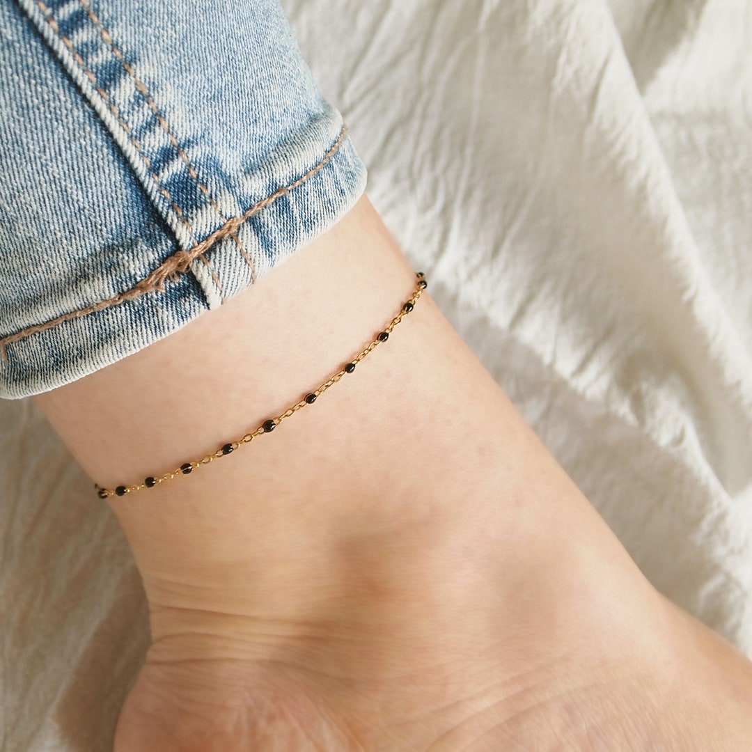 Black Emamel Beads Anklet, Simple Chain Woman Anklet, Thin Stainless ...