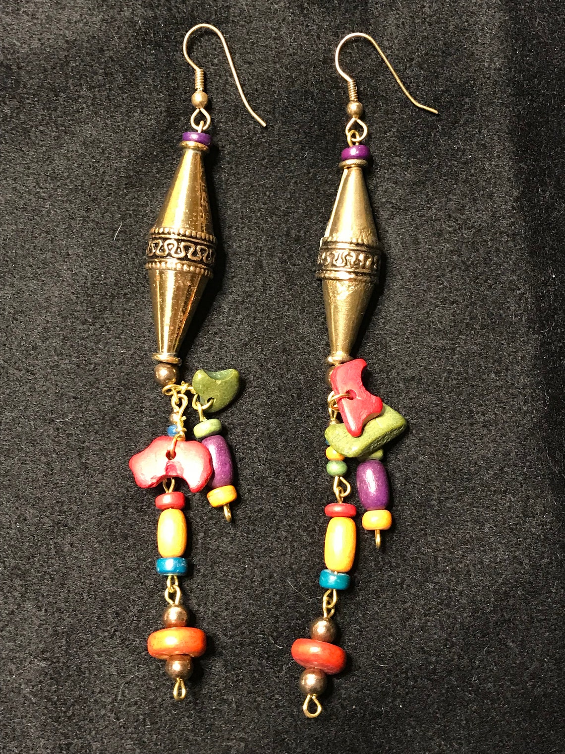 Vintage Dangle Bead Earrings With Painted Wood & Antique Brass - Etsy