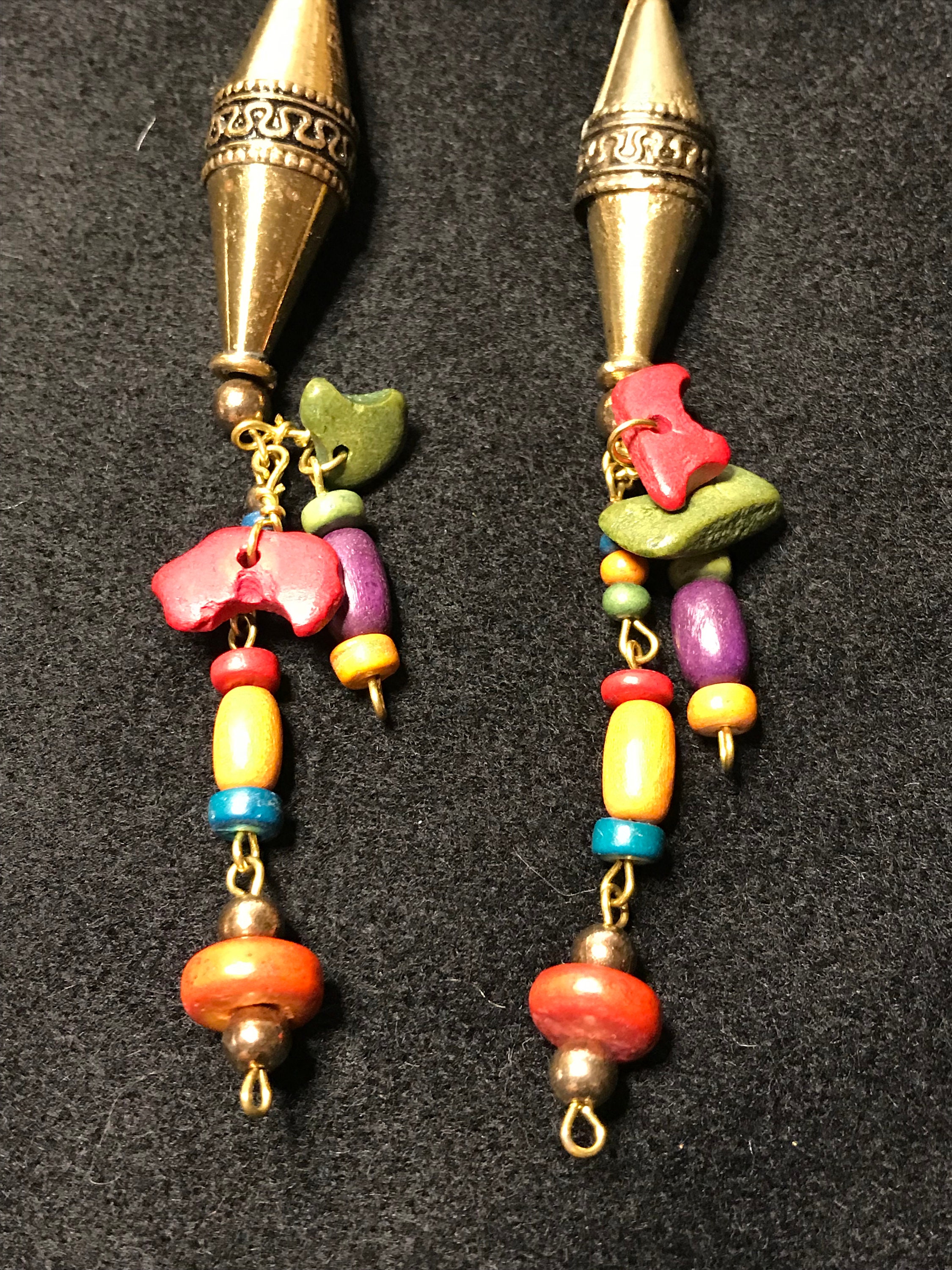 Vintage Dangle Bead Earrings With Painted Wood & Antique Brass - Etsy