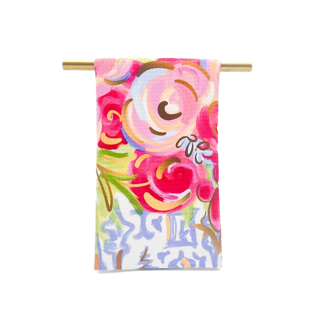 Botanical Chinoiserie Blooms Tea Towel || Abstract Floral Kitchen Towel ...