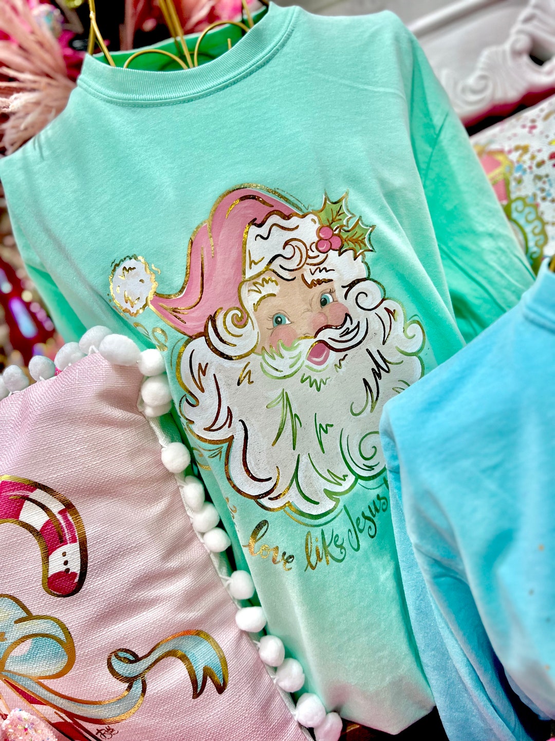 Gold Foil Pink and Mint Santa Tshirt || Christmas Tshirt || Holiday ...