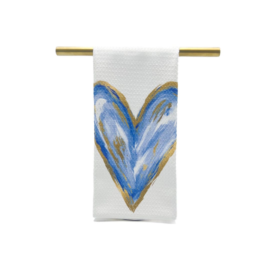 Golden Blue Heart Tea Towel || Heart Kitchen Towel || Valentines Tea ...