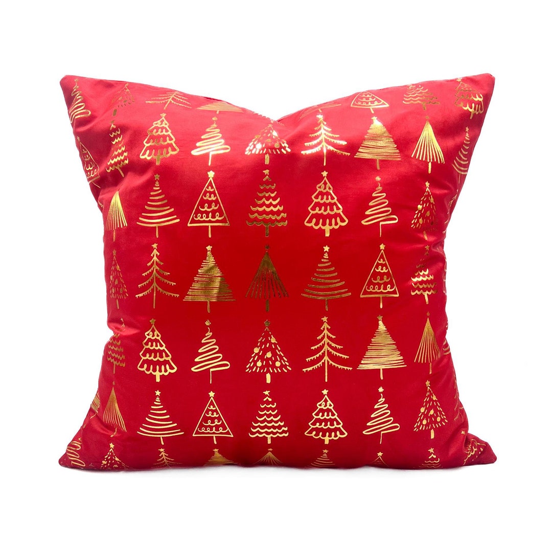 Gold Foil Red Velvet Trees || Christmas Trees Pillow || Gold Foil ...
