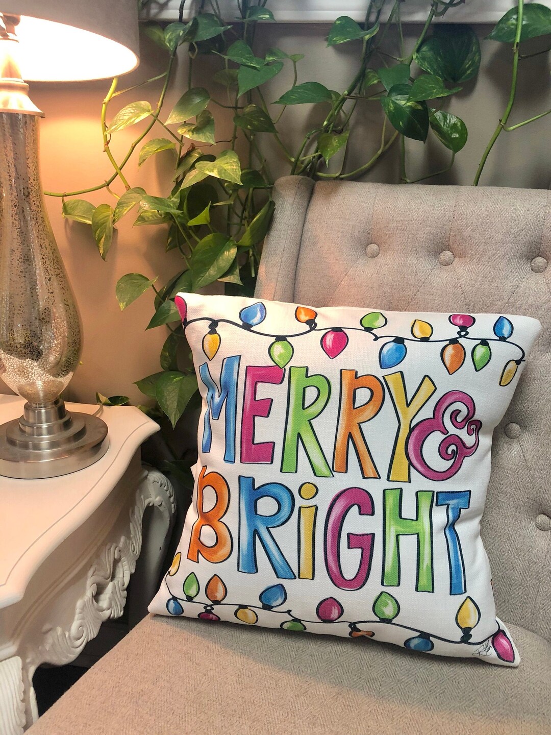 Merry and Bright Pillow Christmas Pillow Colorful Christmas Pillow 284 ...