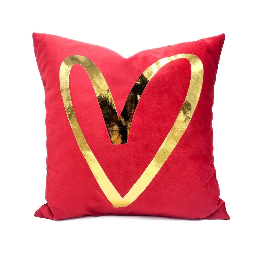 Red Golden Heart Velvet Pillow || Valentines Pillow || Valentines Decor ...