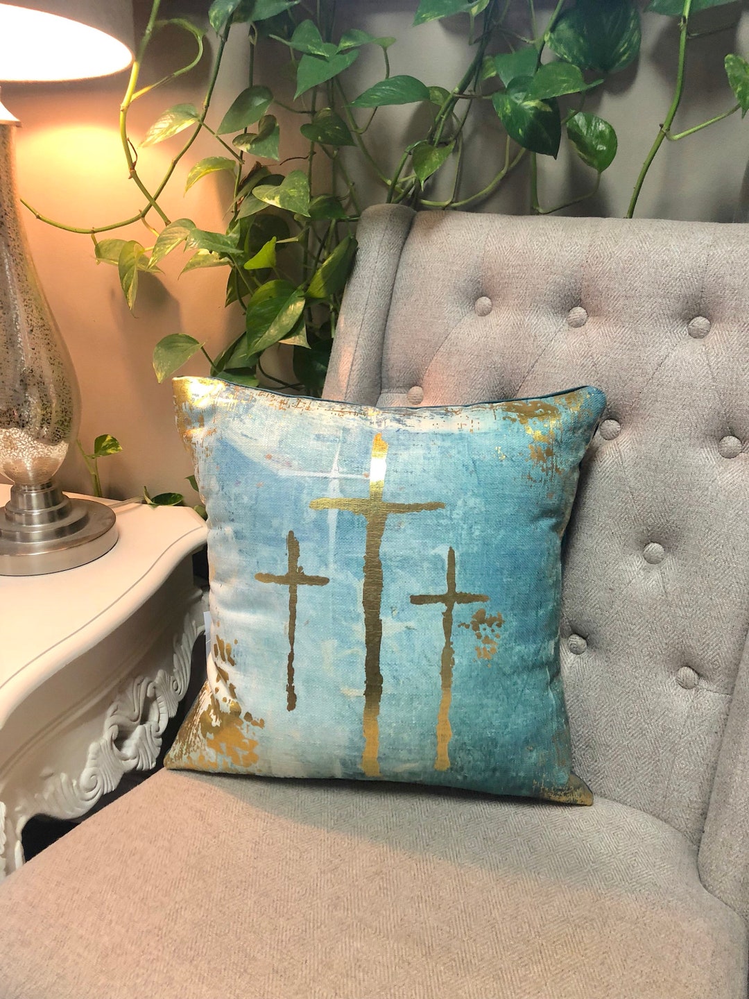 Aqua Cross Pillow 3 Gold Crosses Velvet Pillow - Etsy