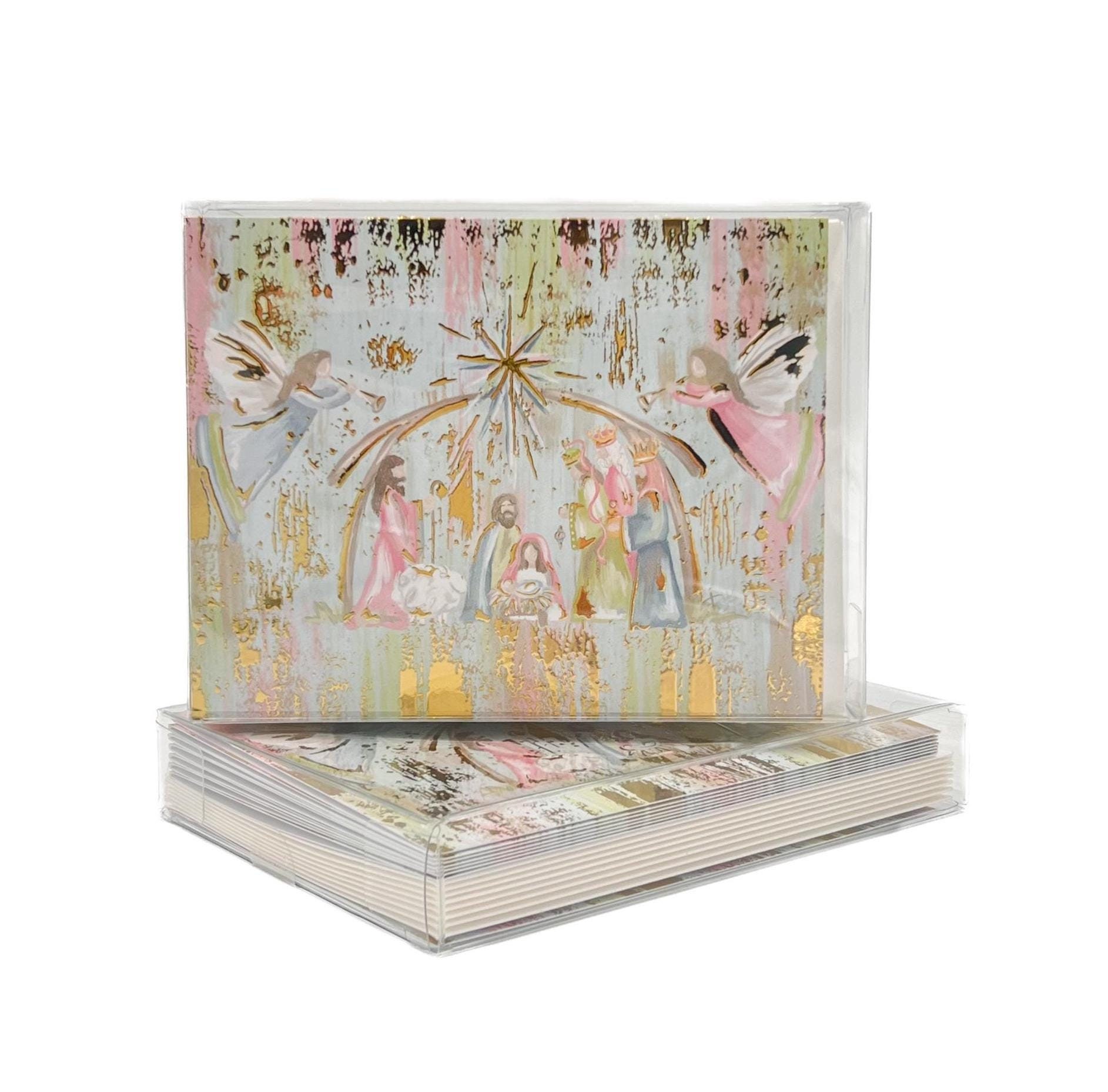 Gold Foil Pastel Nativity Folded Notes || Nativity Christmas Cards ...