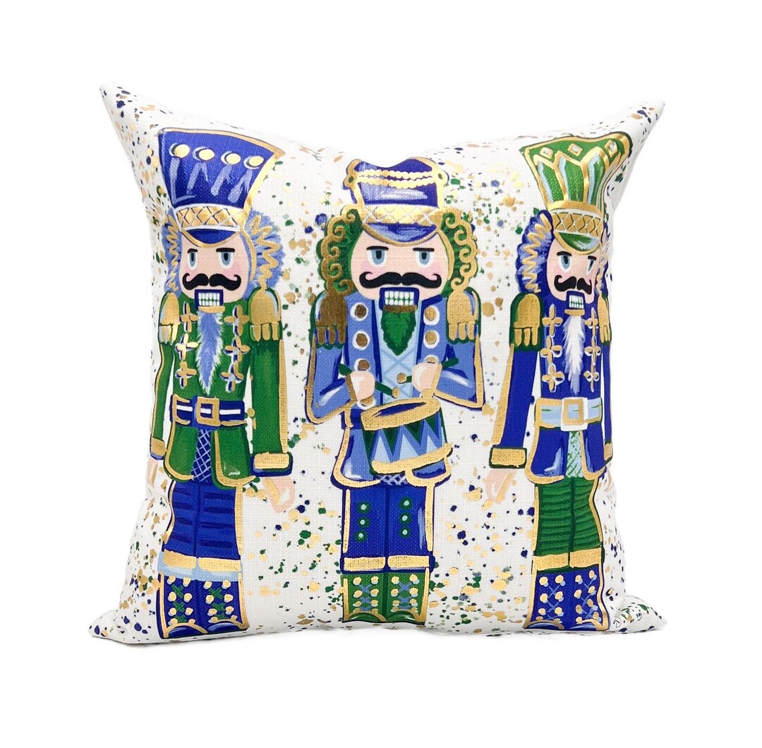 Navy & Emerald Nutcrackers Pillow || Gold Foil Nutcrackers || Blue and ...