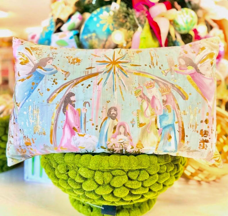Gold Foil Pastel Nativity Pillow || Christmas Pillow || Holiday Decor ...