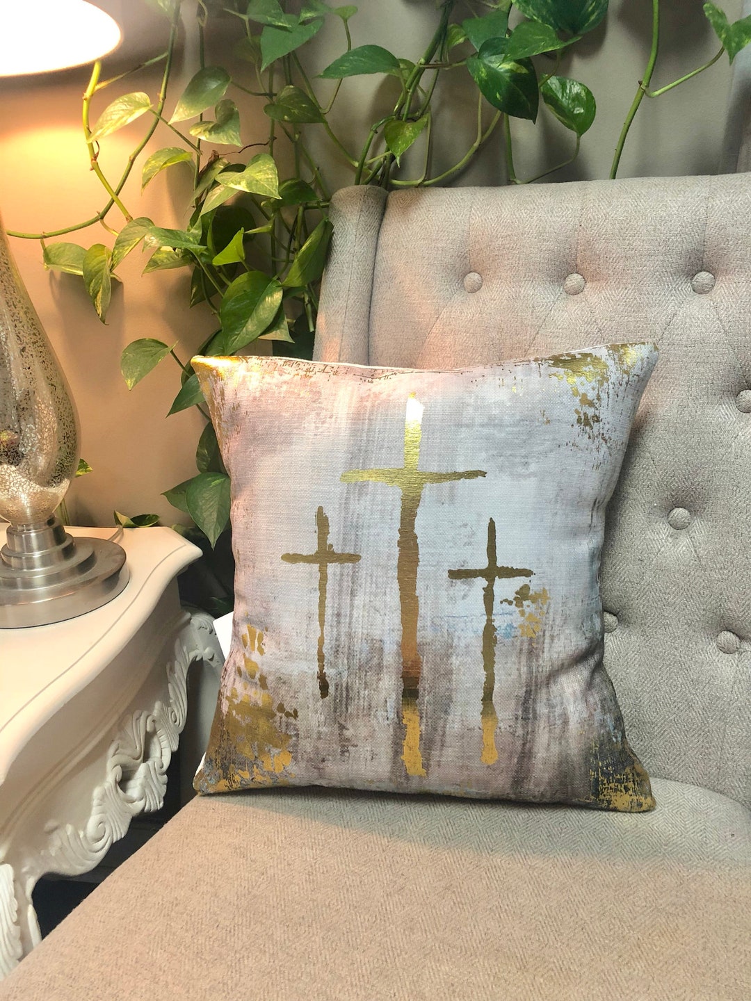 Gold Foil Cross Pillow 3 Golden Crosses Christmas Pillow Neutral Throw ...