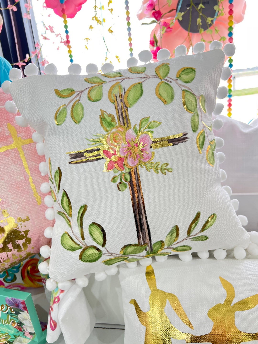 Cross Pillow Easter Cross Pillow Gold Foil Cross Pillow - Etsy