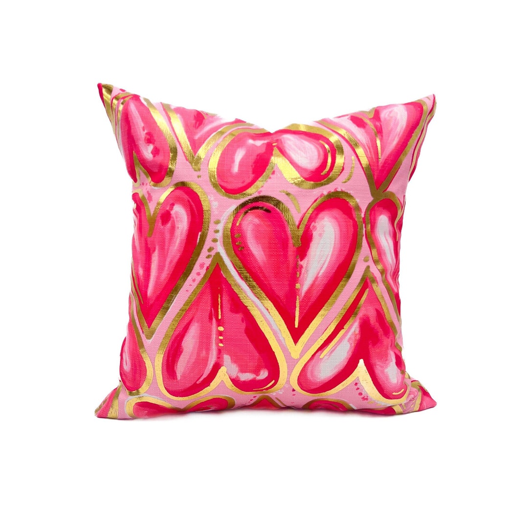 Gold Foil Fluorescent Pink Valentines Hearts Pillow || Hearts Pillow ...
