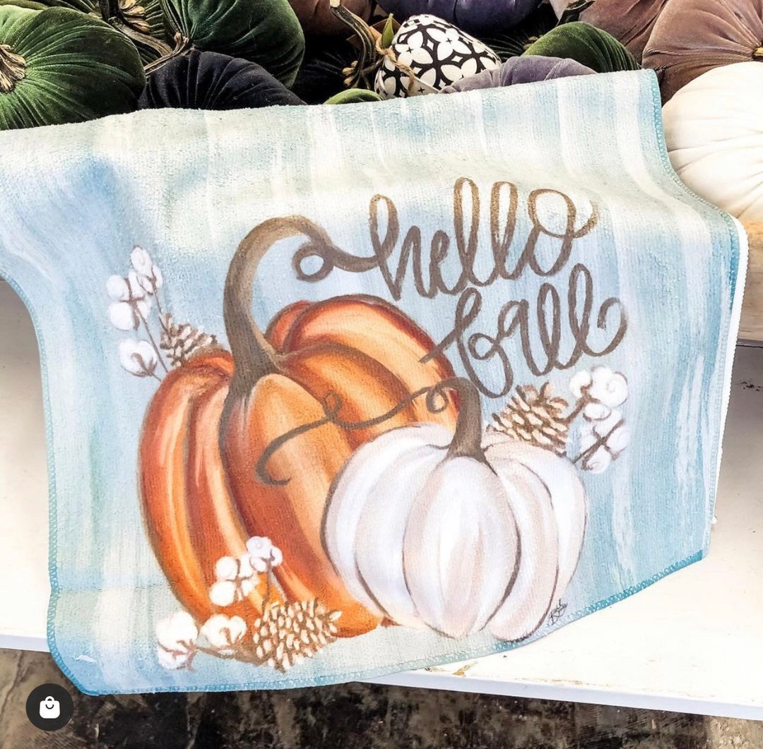 Pumpkin Tea Towel Aqua Orange and White Pumpkins Fall - Etsy