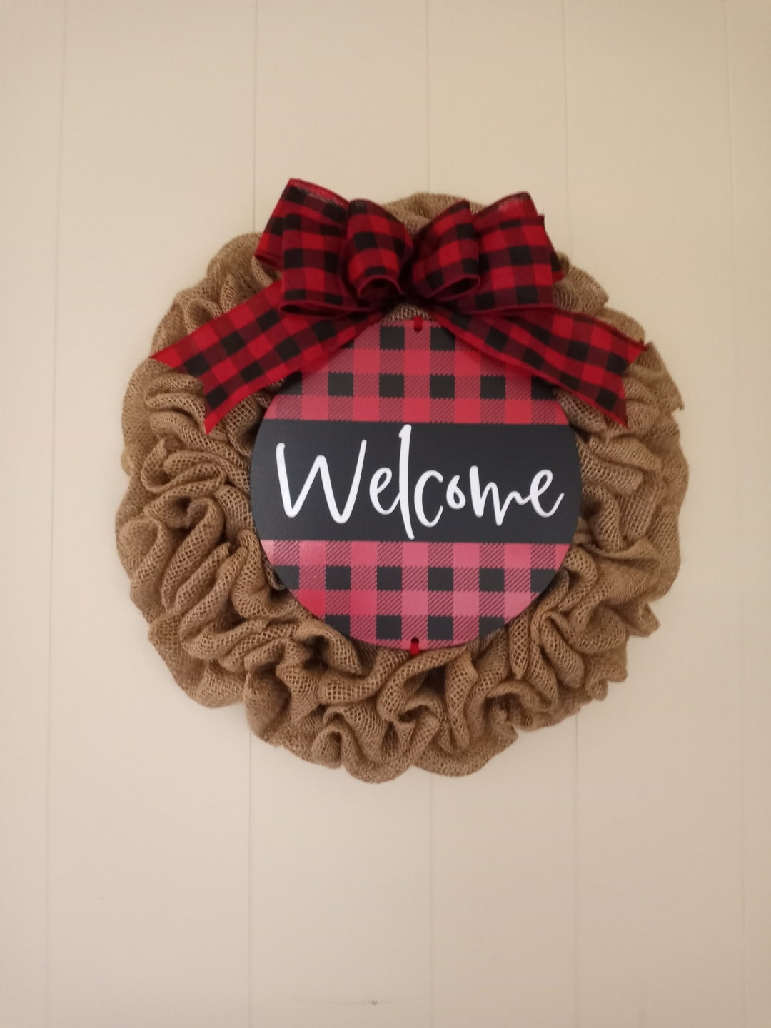 Buffalo Plaid Welcome Wreath: Red & Black Check, Burlap Farmhouse Decor ...