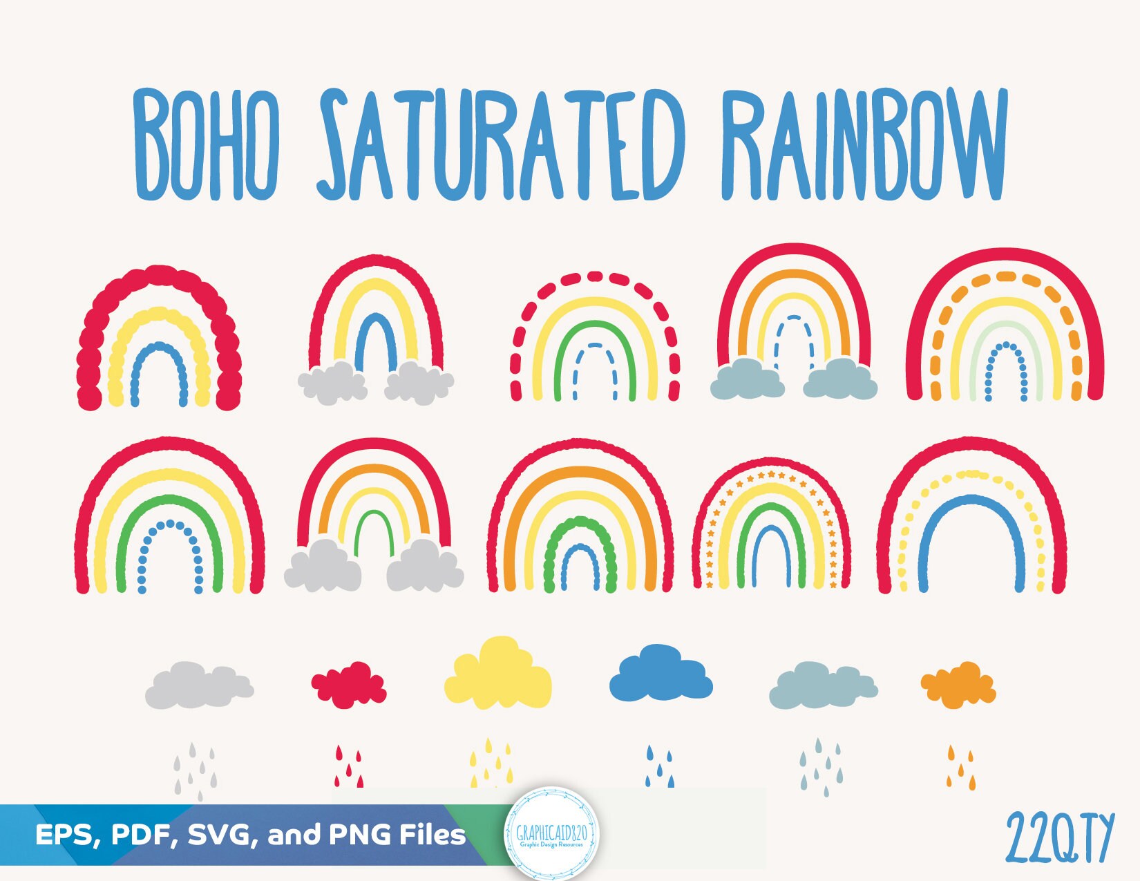 22 Saturated Boho Rainbow Clip Art Rain Clouds Modern Pastel - Etsy