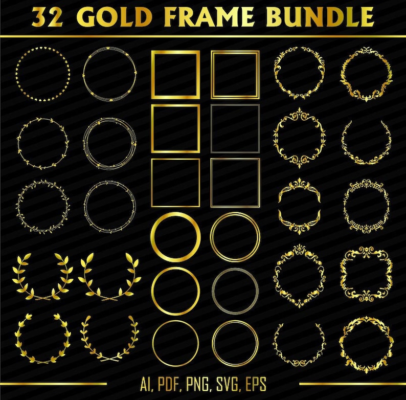 32 Simple Metallic Gold Border Frames Clip Art Set Circle, Square ...