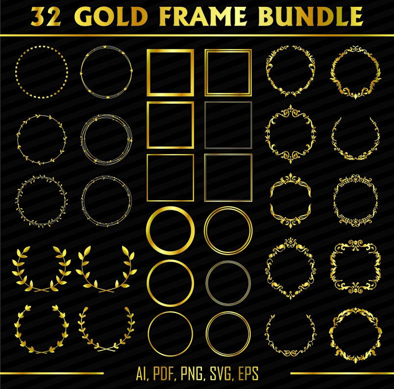 32 Simple Metallic Gold Border Frames Clip Art Set Circle, Square ...