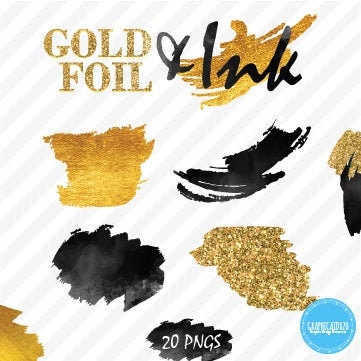 20 Metallic Gold and Black Ink Brush Strokes Png Clip Art | Elegant ...