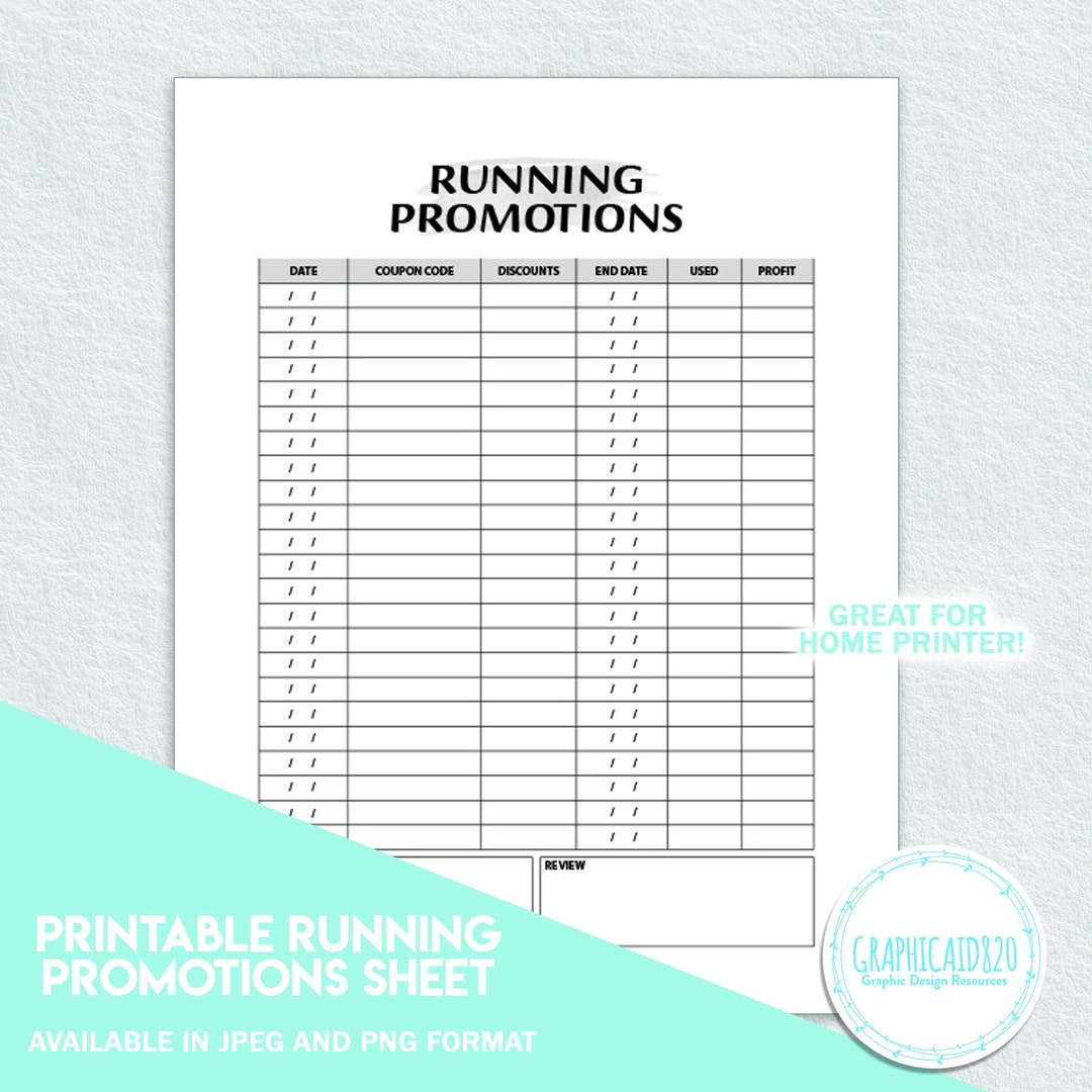Running Promotions Tracker Template | Simple One Sheet Printable ...