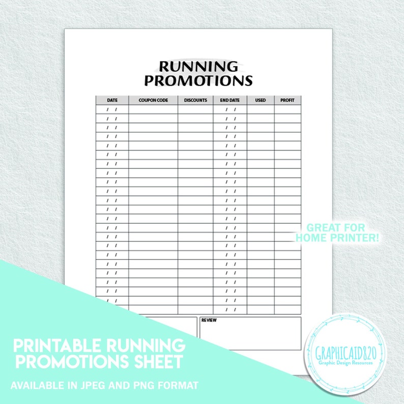 Running Promotions Tracker Template | Simple One Sheet Printable ...