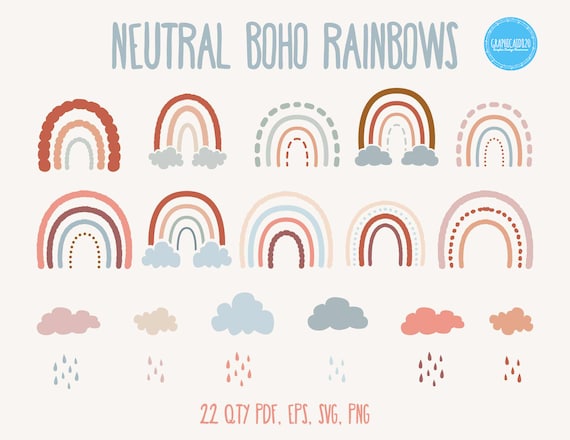 22 Neutral Boho Rainbow Clip Art Rain Clouds Modern Pastel | Etsy