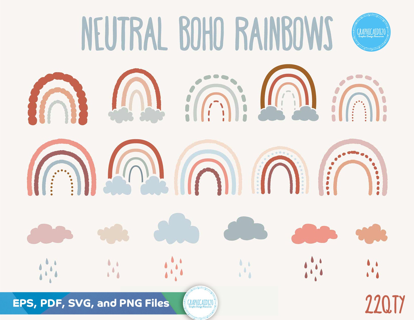 22 Pastel Boho Rainbow Clip Art | Rain Clouds Modern Pastel Set ...