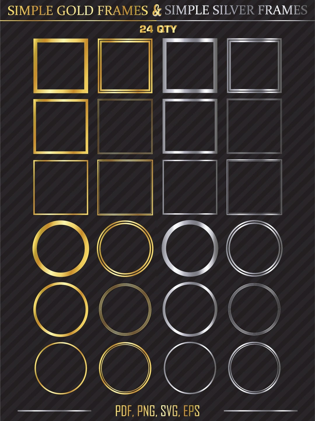 24 Metallic Gold Silver Border Frames Clip Art | Double Circle, Square ...