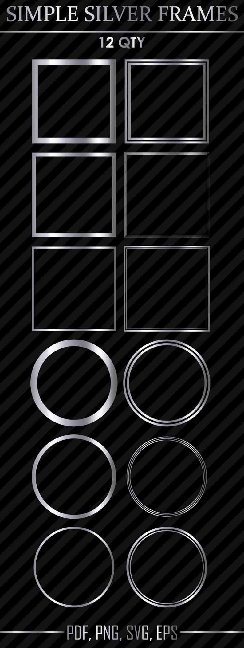 12 Metallic Silver Border Frames Clip Art Double Circle, Square Simple ...