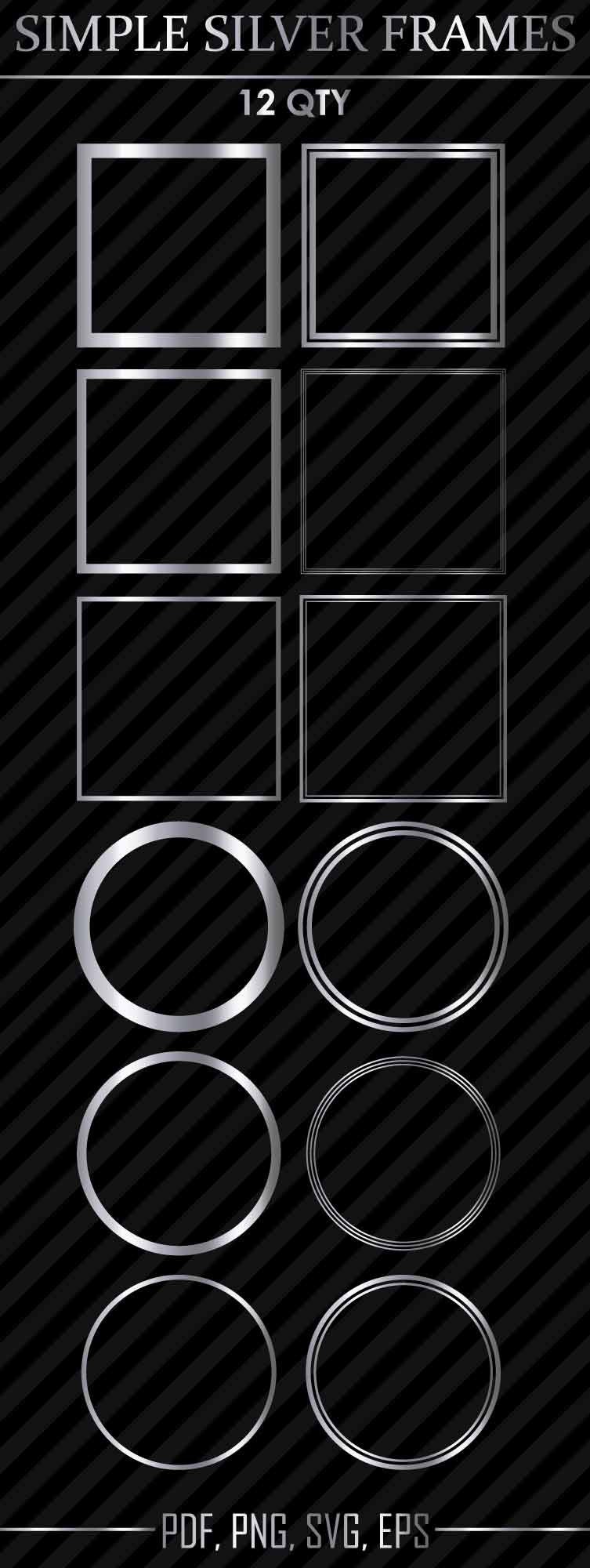 12 Metallic Silver Border Frames Clip Art Double Circle, Square Simple ...