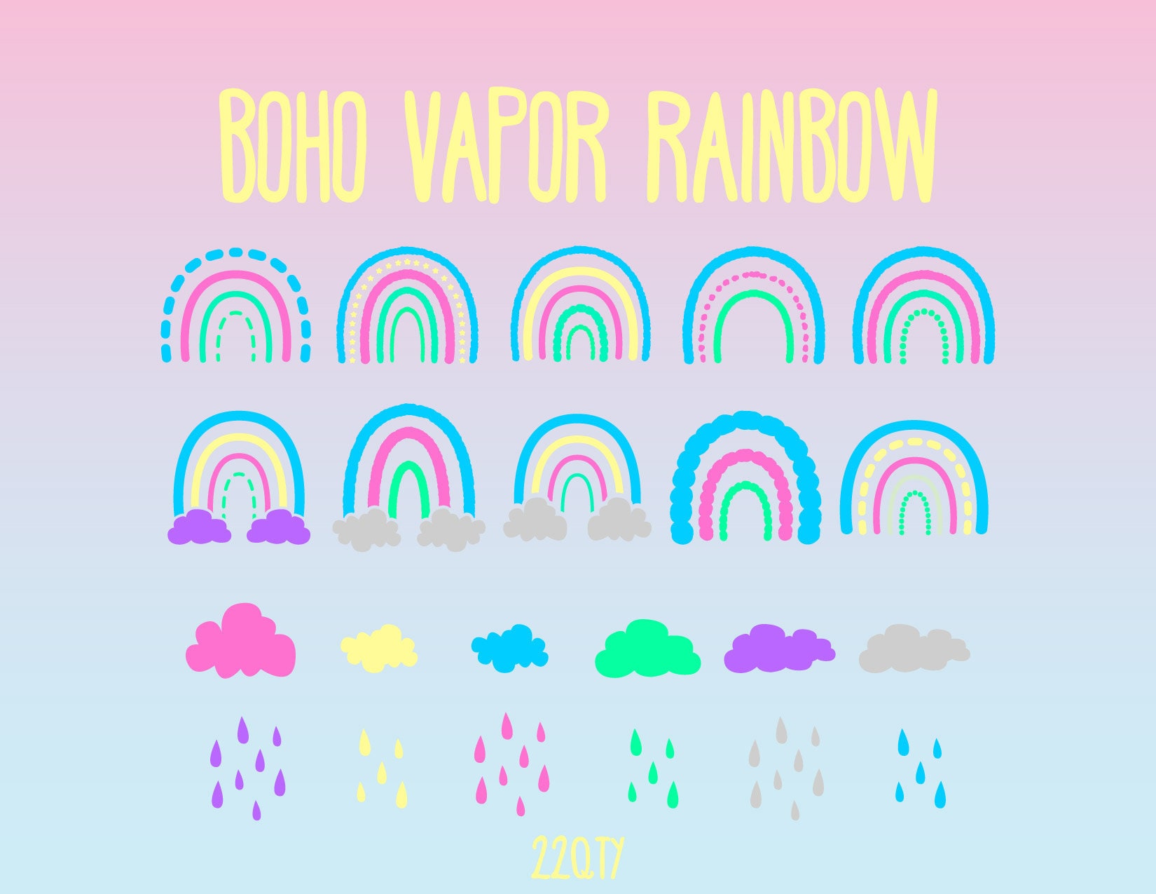 22 Vapor Wave Boho Rainbow Clip Art | Rain Clouds Bright Colors Set ...