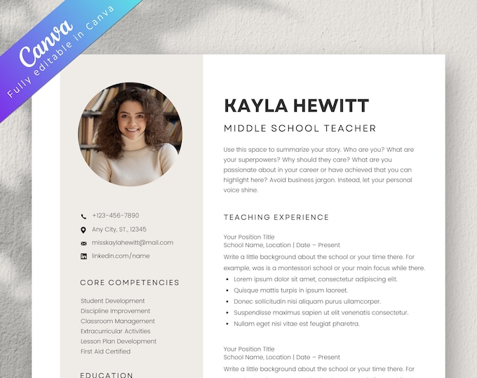 Modern Teacher Resume Template, CV Teacher Template, Teacher Canva ...