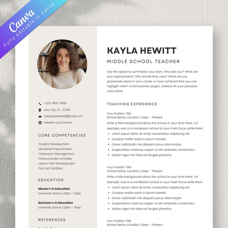 Modern Teacher Resume Template, CV Teacher Template, Teacher Canva ...