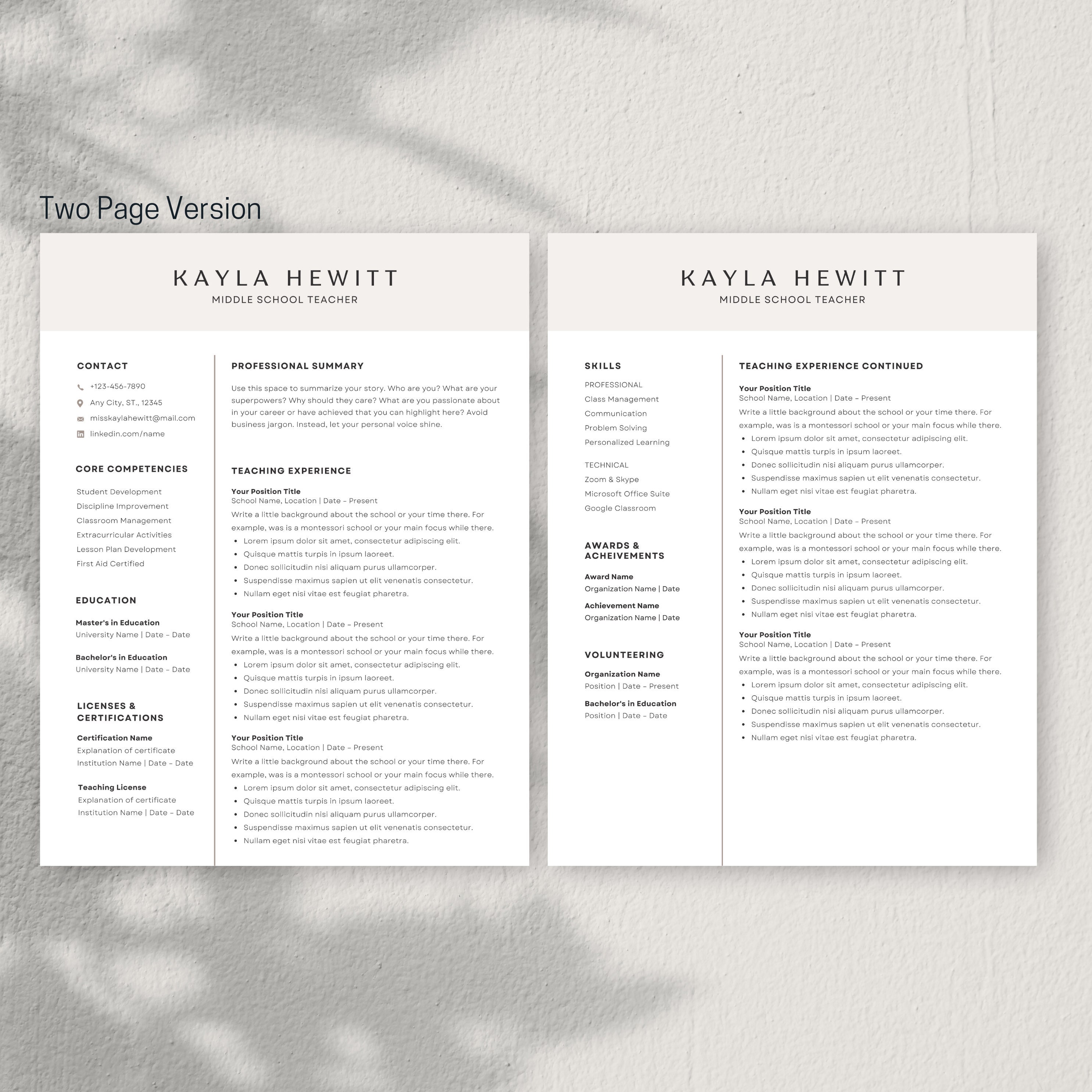 Minimalist Teacher Resume Template CV Teacher Template - Etsy