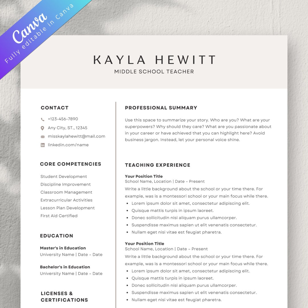 Minimalist Teacher Resume Template, CV Teacher Template, Professional ...