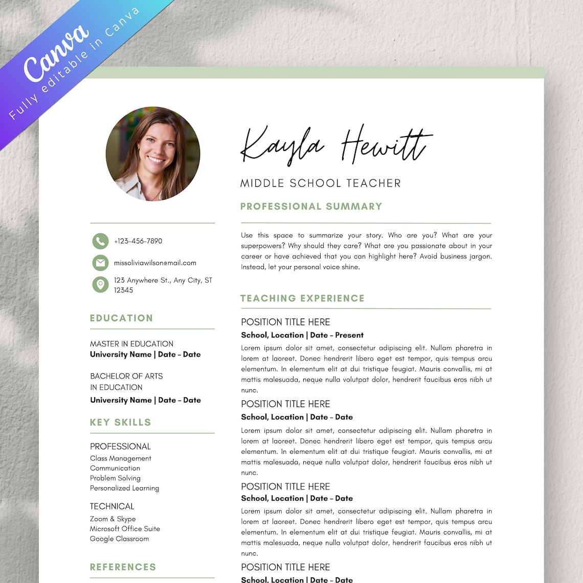 Modern Teacher Resume Template | Teacher Resume With Cover Letter ...