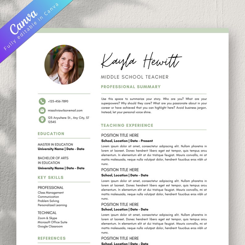 Modern Teacher Resume Template | Teacher Resume With Cover Letter ...
