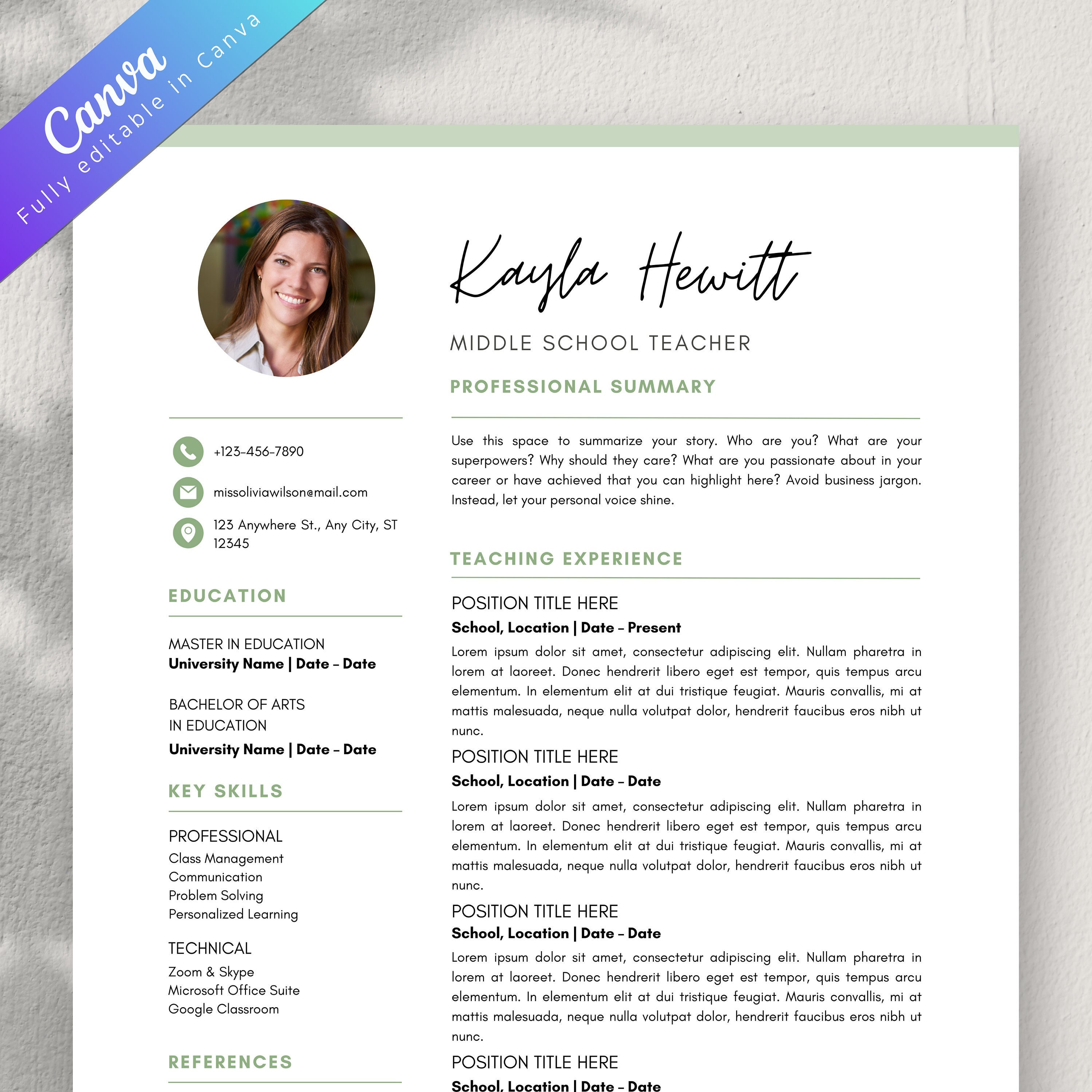 Modern Teacher Resume Template | Teacher Resume With Cover Letter ...