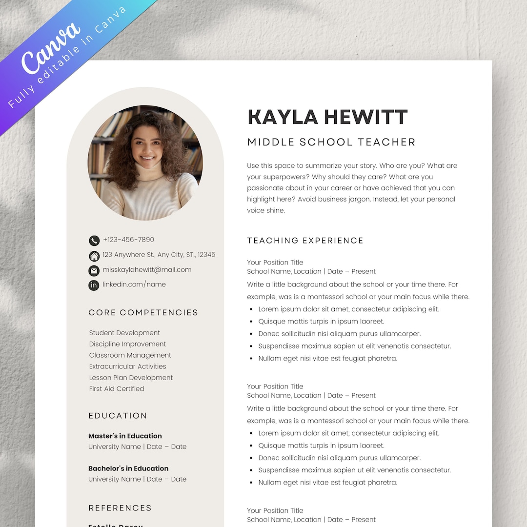 Teacher Resume Template, CV Teacher Template, Teacher Canva Resume ...