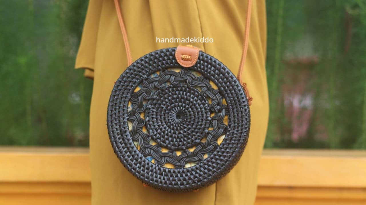 SALE Bali Full Black Braid Round Rattan Bag, Handwoven Ata Grass Straw ...
