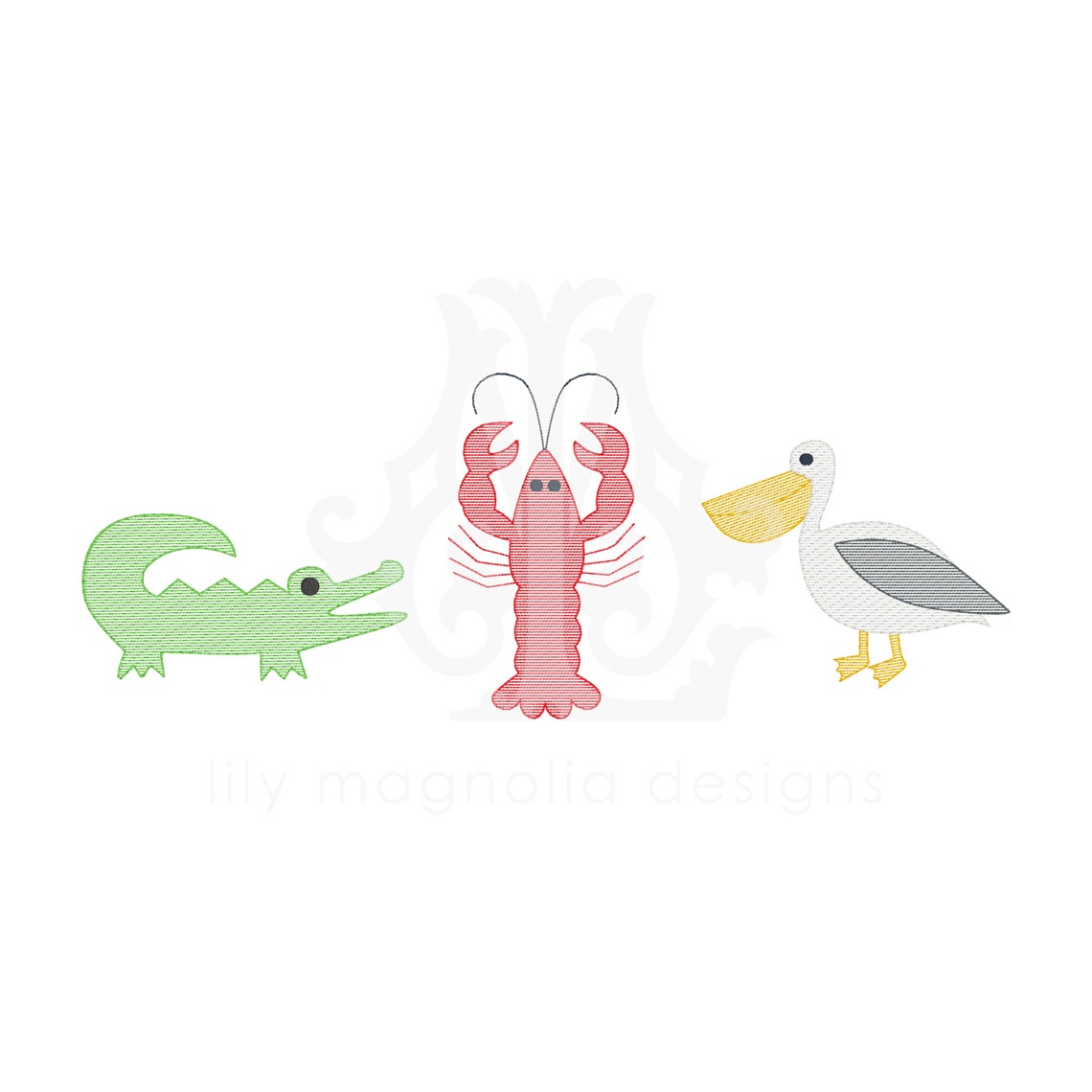 Alligator Crawfish Pelican Quick Stitch Embroidery Design, Louisiana ...