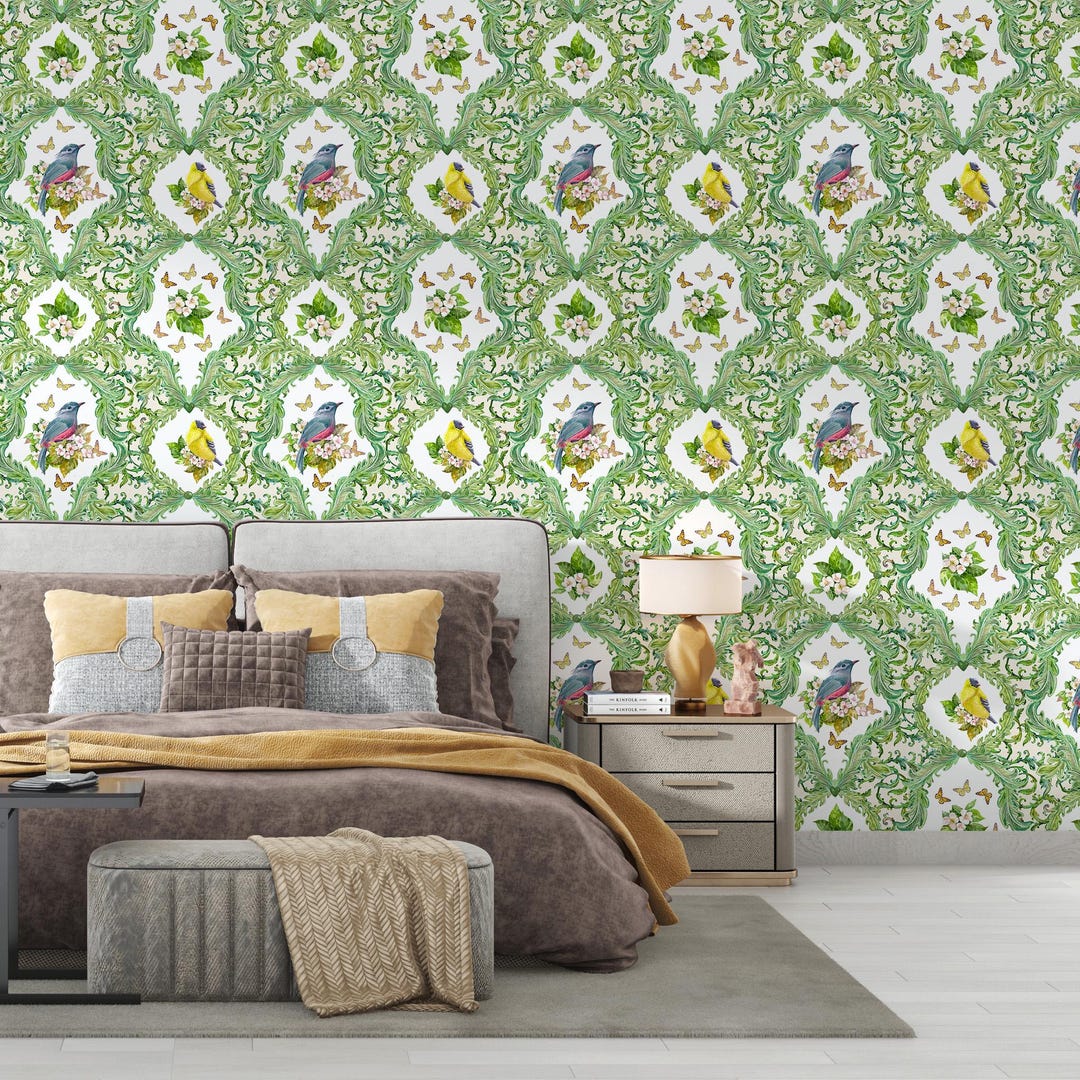 Peel and Stick Vintage Green Wallpaper | Retro Birds Wallpaper | 1970 ...