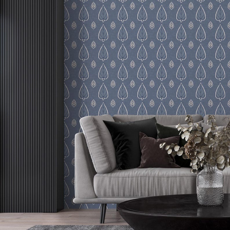 Navy Blue Leaves Wallpaper, Peel and Stick Minimalistic Leaves ...