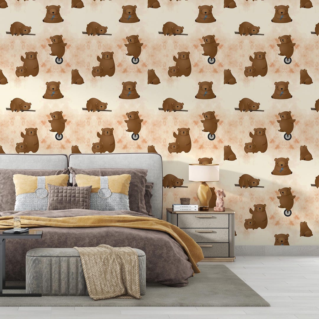 Peel and Stick Cartoon Bears Wallpaper, Bear Nursery Wallpaper, Brown Bear Nursery Wallpaper ...