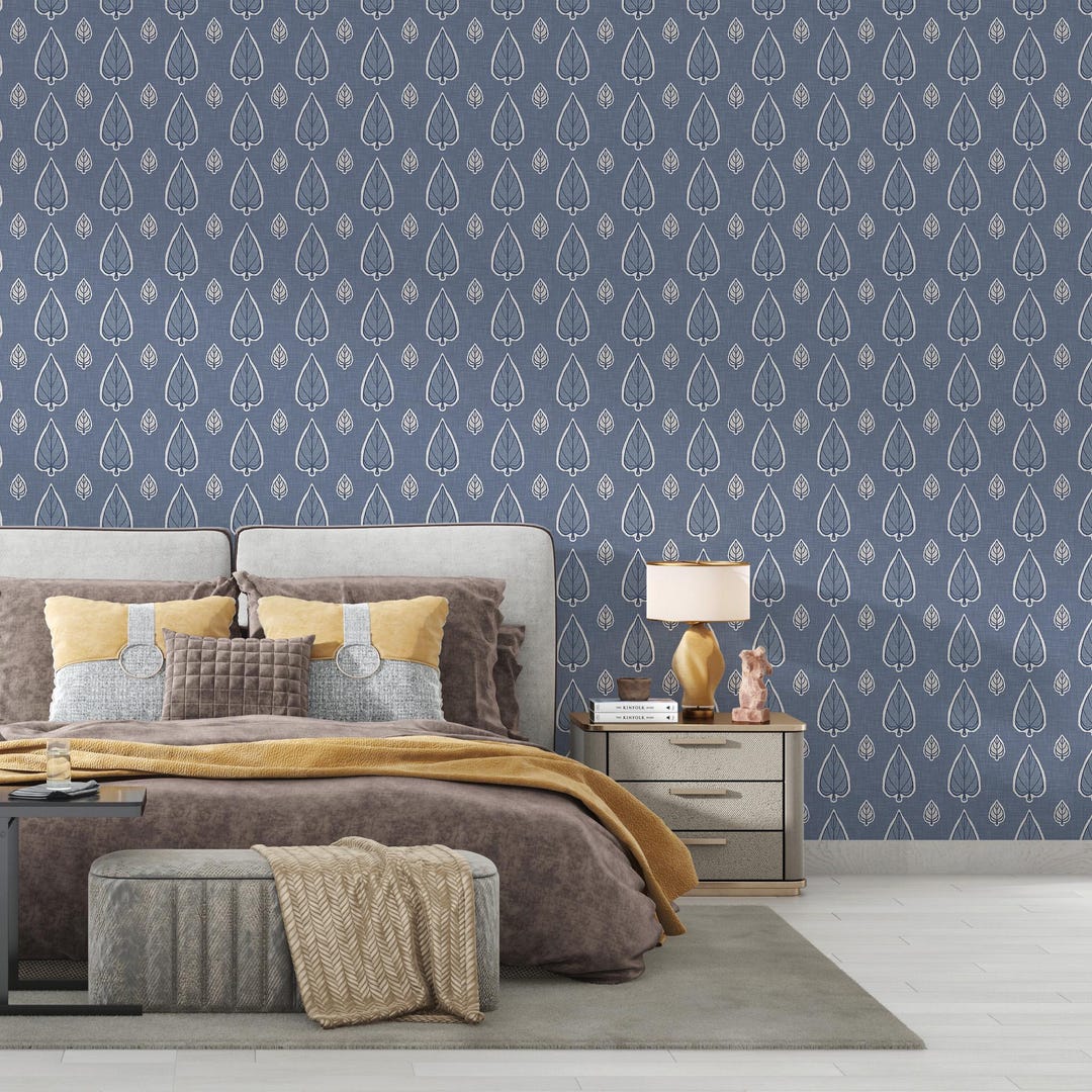 Navy Blue Leaves Wallpaper, Peel and Stick Minimalistic Leaves ...