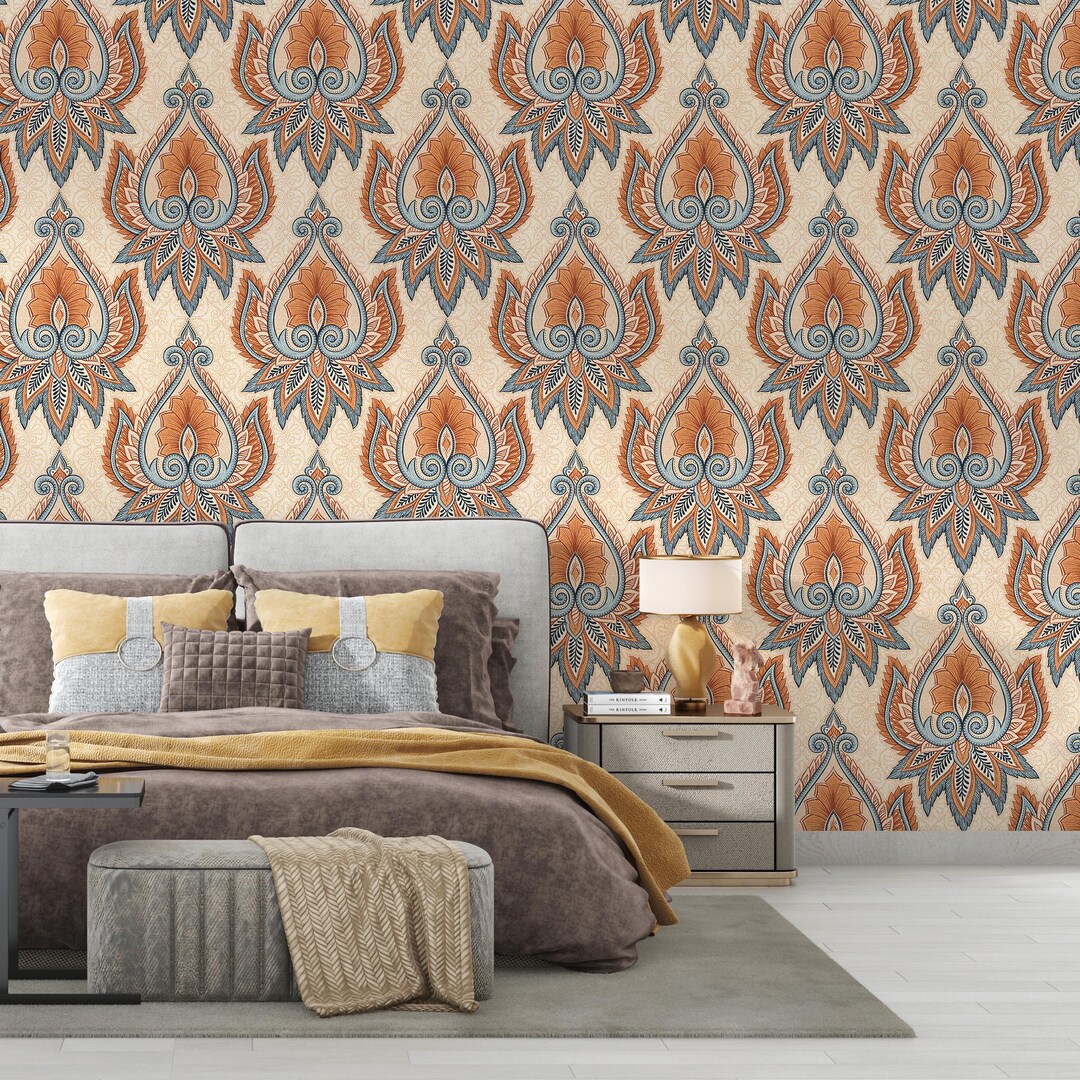 Orange Damask Wallpaper, Large Pattern Damask Wallpaper, Orange Beige ...