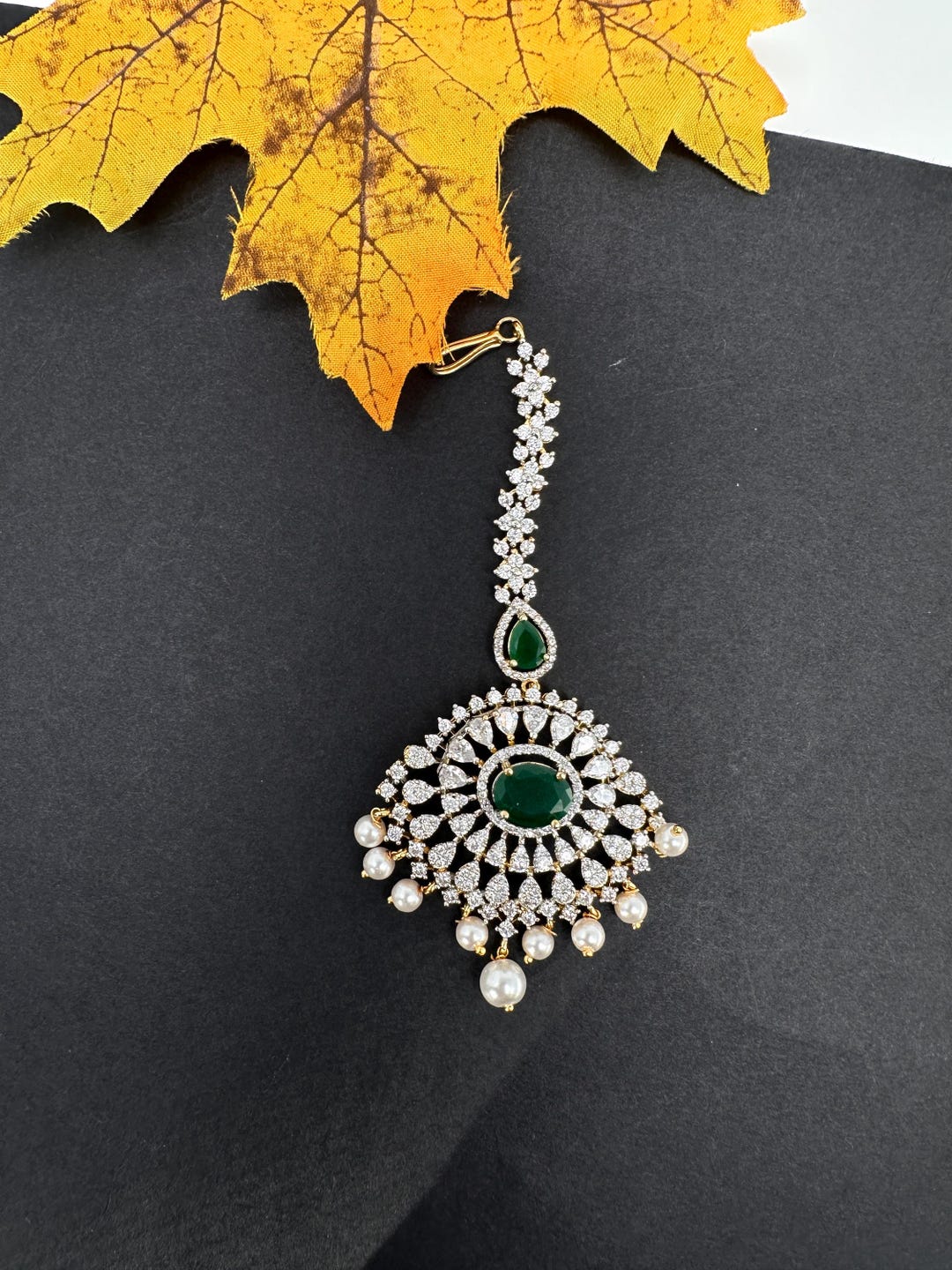 Diamond Green Emerald Maang Tikka, Indian Forehead Jewelry, Papidi ...