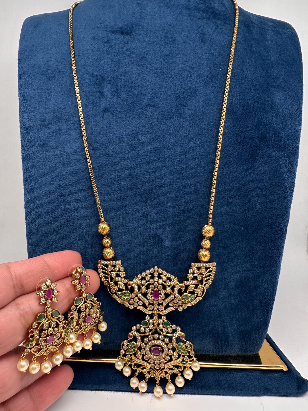 Traditional Antique Matte Long Chain Kemp Pendent Earrings Necklace ...