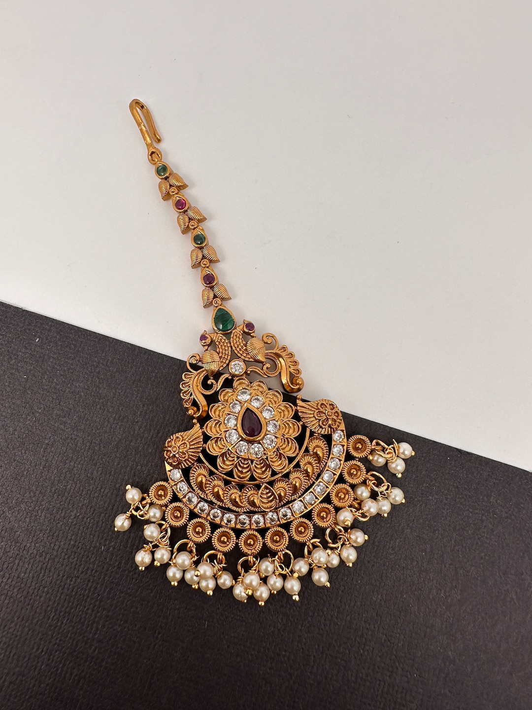 Matte Multi Stones Pearls Mang Tikka, Indian Jewelry Forehead Jewelry, South Indian Tikah ...