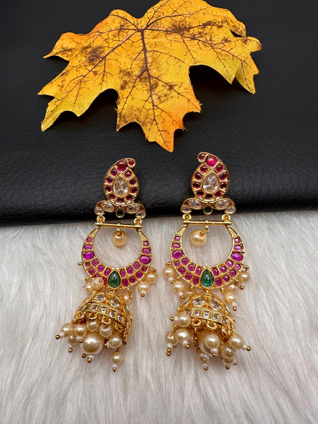 Gold Finish Kempu Jhumka Earrings Indian Jewelry - Etsy